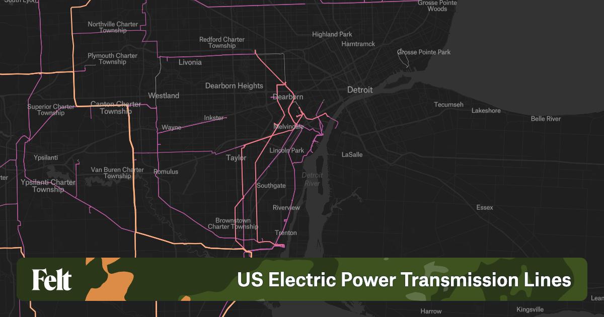 US Electric Power Transmission Lines in Wayne County, Michigan