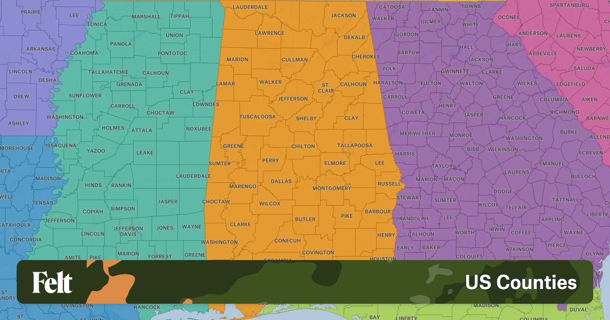 Counties of alabama on a map