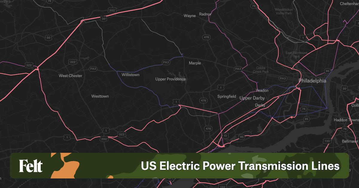 US Electric Power Transmission Lines in Delaware County, Pennsylvania